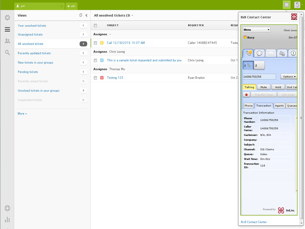8x8 Contact Center App Integration with Zendesk Support